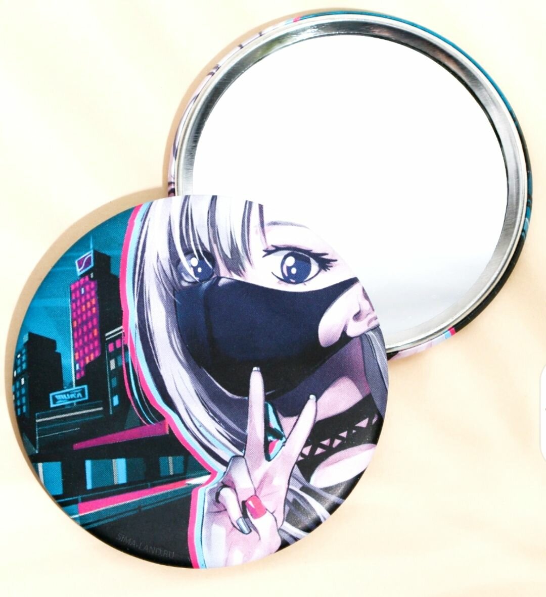 Стильное карманное зеркало в металлическом корпусе "Аниме", диаметр 7см.