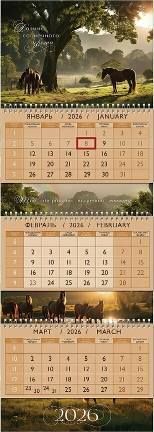 Календарь квартальный 2026г 297*840 "Долина солнечного цвета. Там где Рассвет" настенный, трёхблочный, спираль