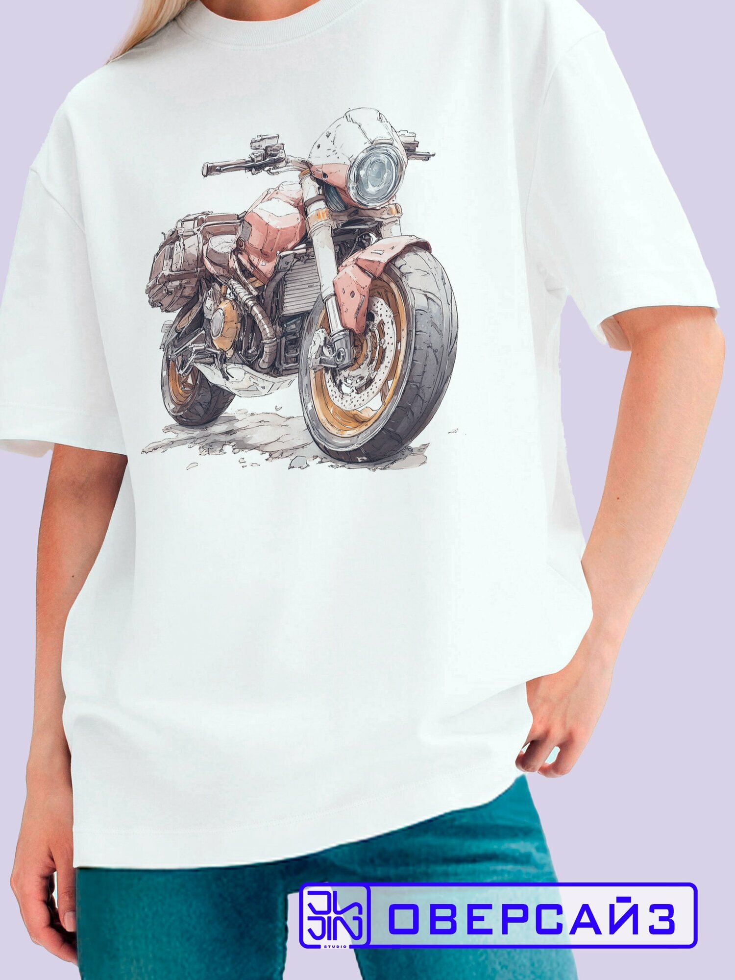 Футболка оверсайз женская с принтом Ретро мотоцикл оранжевый, винтажный в черно белом стиле для уличного экстрима, белый хлопковый трикотаж с прикольным рисунком на груди