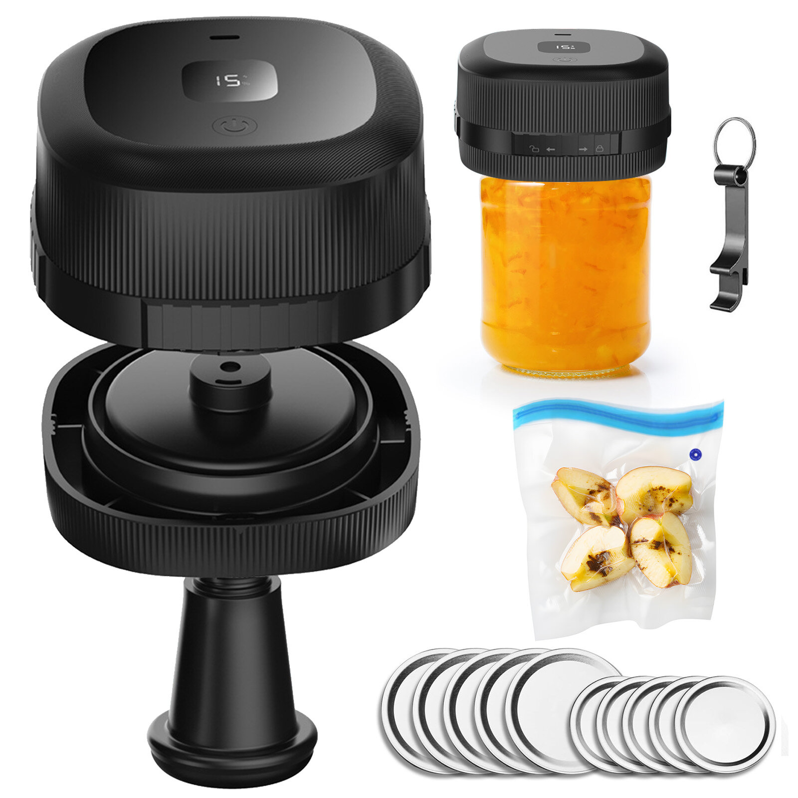 Электрический вакуумный упаковщик для банок Mason Jar 60KPa, вакуумная упаковочная машина для герметизации банок с обычными и широкими крышками, тихий, заряжаемый, портативный, бескабельный, для продуктов питания, 5 широких крышек, 5 обычных крышек,