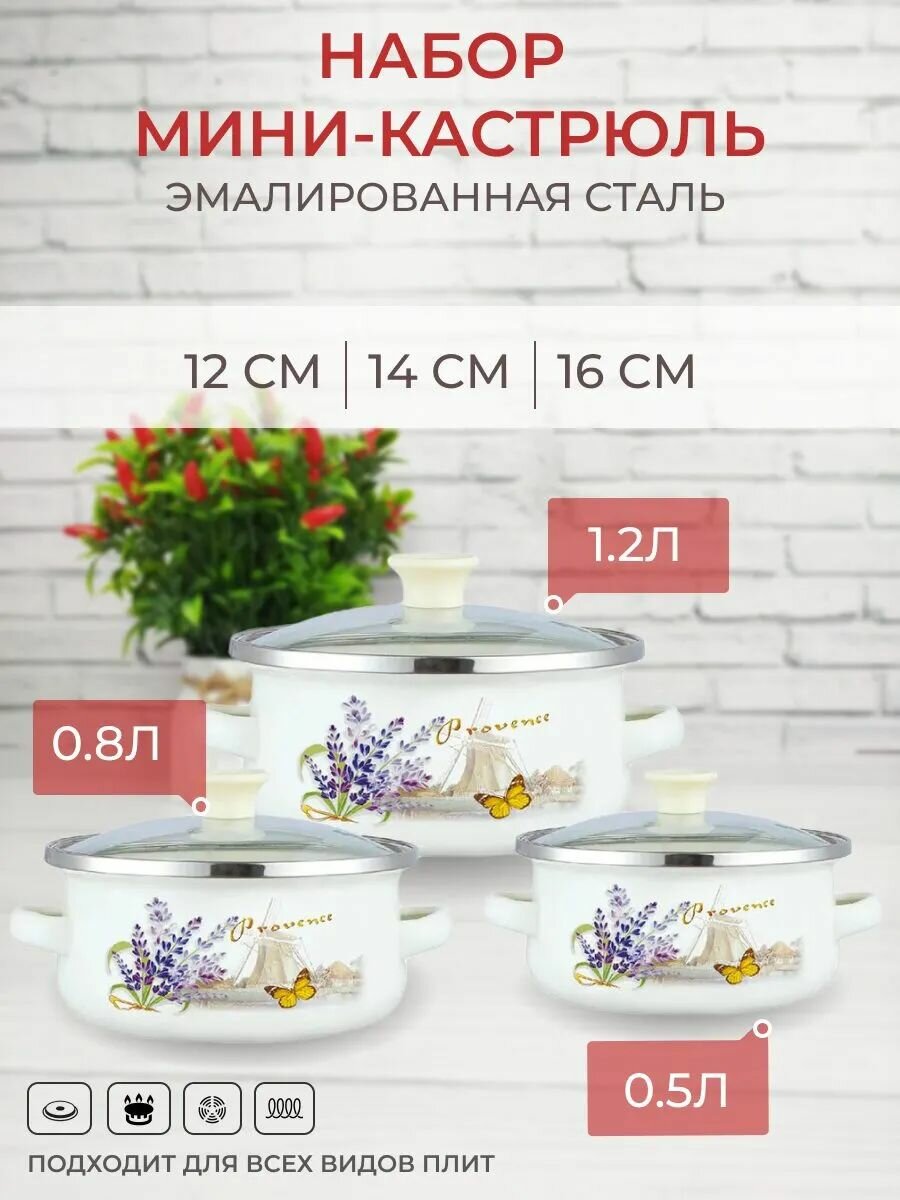 Набор эмалированных мини-кастрюль Zeidan 3 кастрюли с крышками эмаль