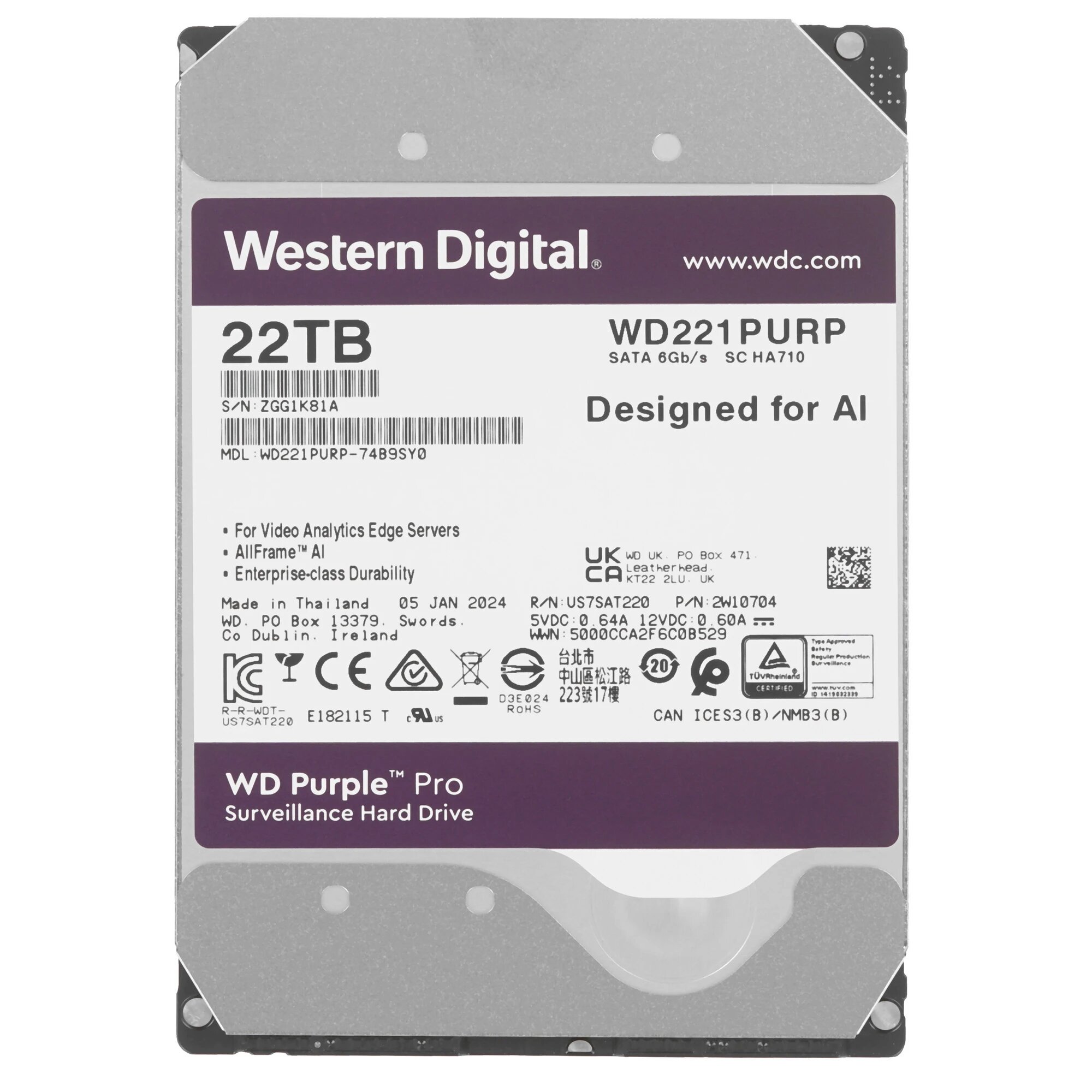 Жесткий диск Western Digital Purple PRO WD221PURP, 3.5", SATA-III, 22TB 512MB, 7200 RPM, для систем видеонаблюдения