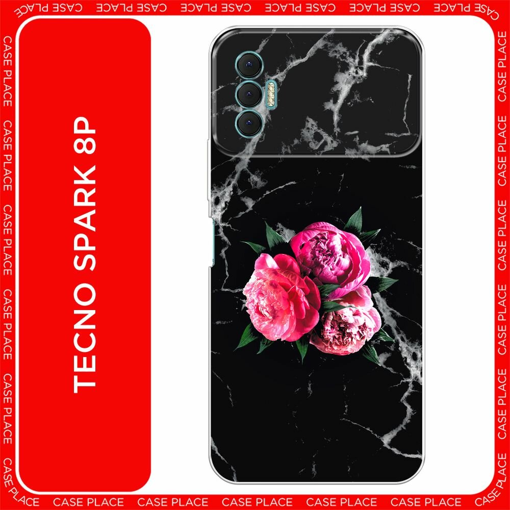 Чехол на Tecno Spark 8P / Техно Спарк 8P с принтом "Букет на черном мраморе"
