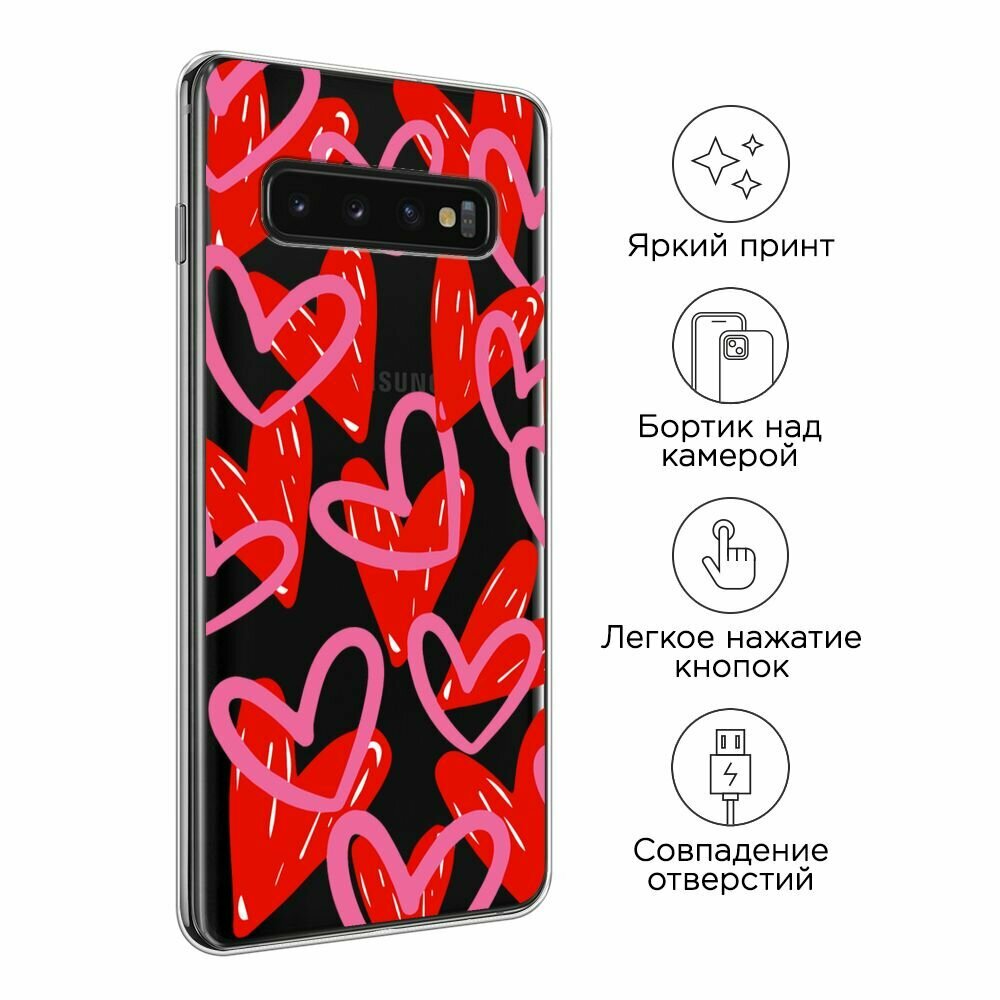 Чехол на Samsung Galaxy S10 + / Самсунг Галакси S10 Плюс с принтом "Hearts doodles - 14 февраля", прозрачный — фото 1