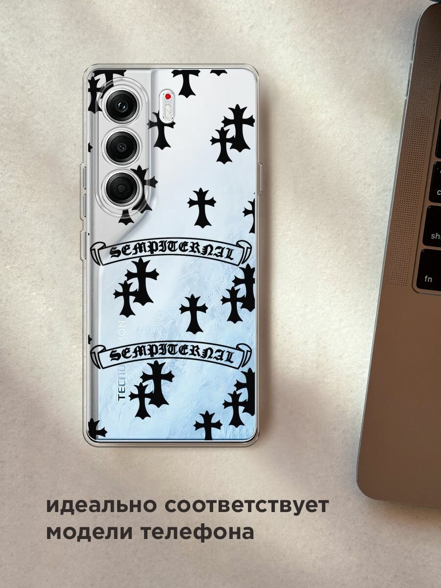 Чехол на Tecno Camon 40 Pro 5G / Текно Камон 40 Про 5G с принтом "Кресты паттерн чёрный", прозрачный — фото 1
