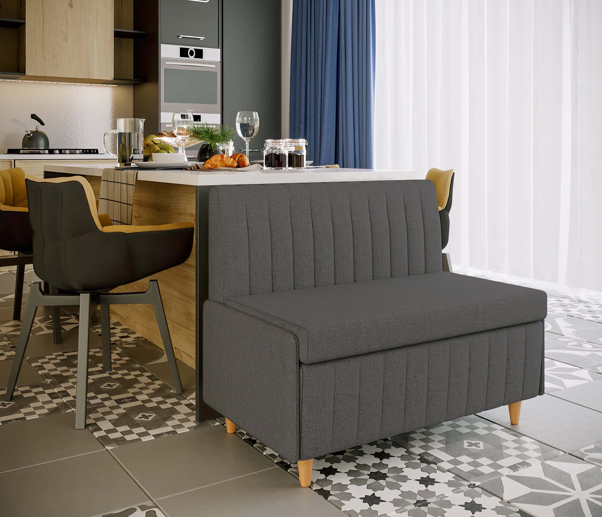 Прямой кухонный диван Мини, Саванна грей, рогожка серая, ППУ, с ящиком