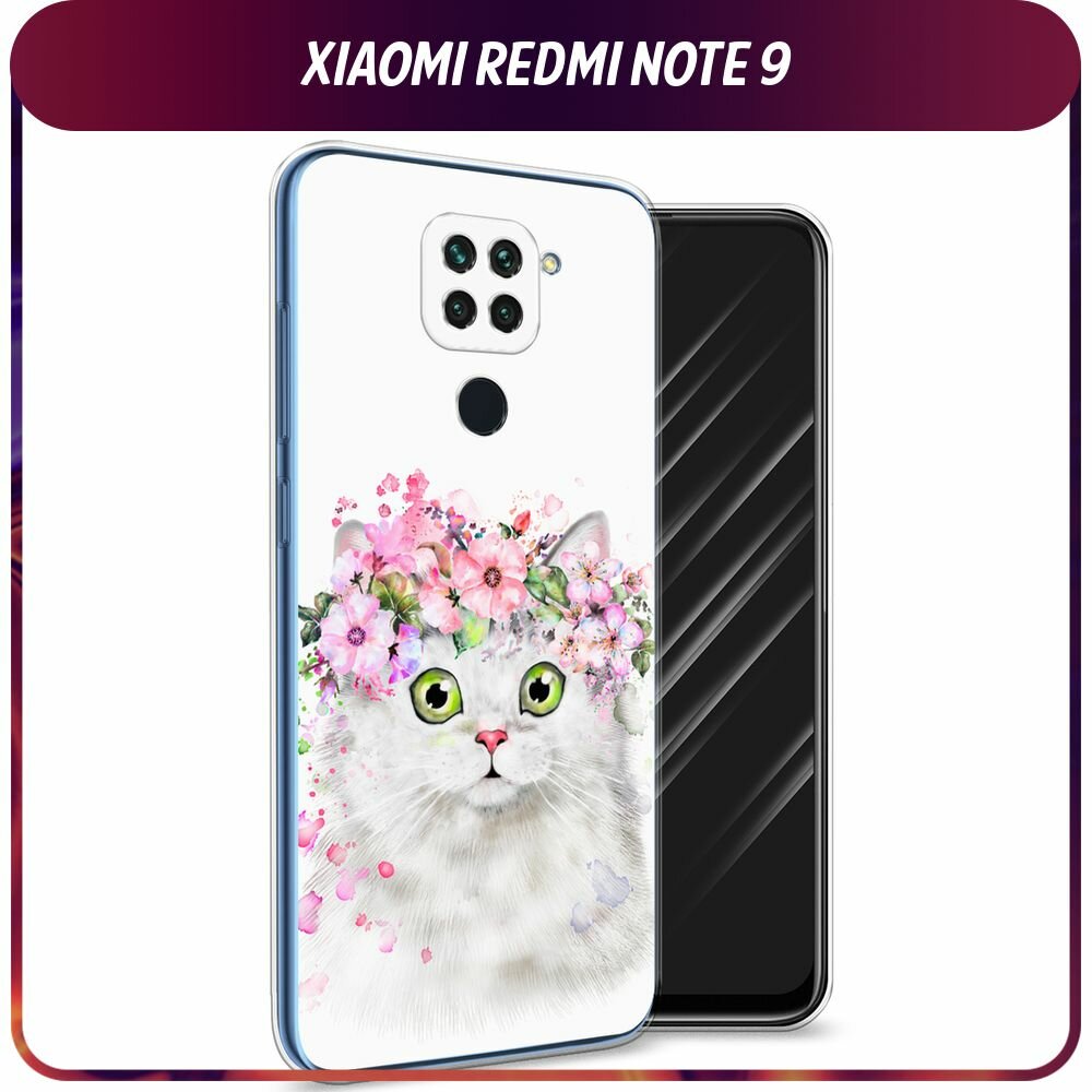 Чехол на Xiaomi Redmi 10X/Note 9 / Сяоми Редми 10Х/Редми Нот 9 с принтом Белая кошка с цветами