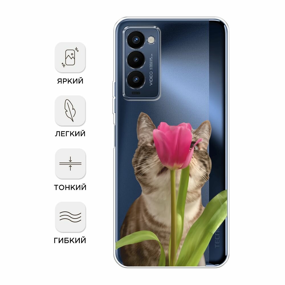 Чехол на Tecno Camon 18P / Техно Камон 18Р с принтом "Кот с тюльпаном - 8 марта", прозрачный — фото 1