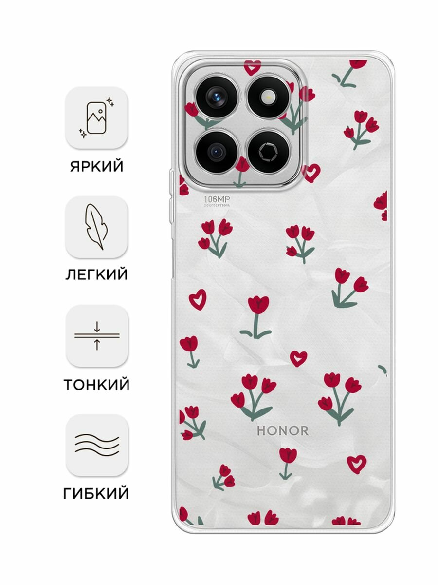 Чехол на Honor X7c / Хонор X7c с принтом "Красные тюльпанчики", прозрачный — фото 1