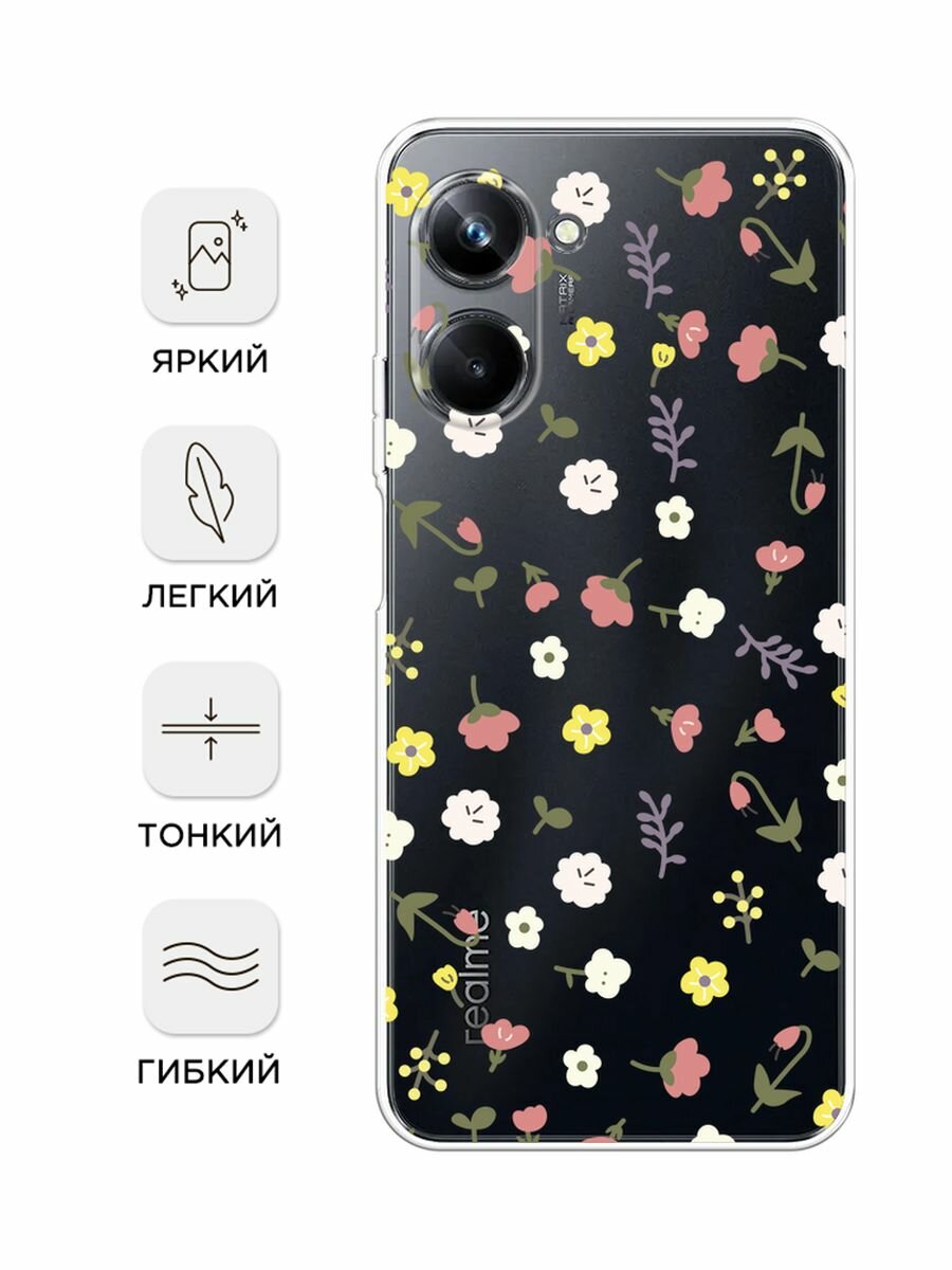 Чехол на Realme 10 Pro / Реалми 10 Про с принтом "Россыпь цветов рисунок", прозрачный — фото 1