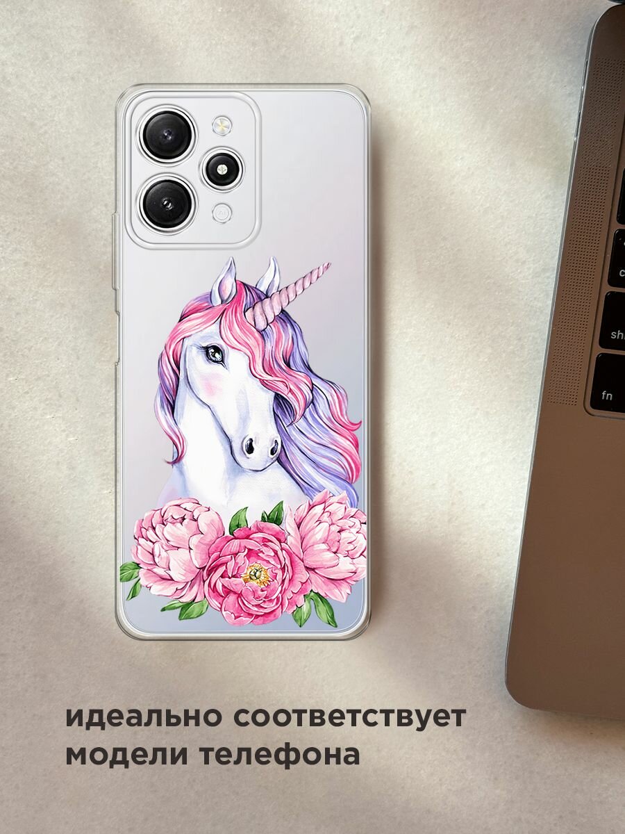 Чехол на Xiaomi Redmi 12 / Сяоми Редми 12 с принтом "Единорог с пионами", прозрачный — фото 1