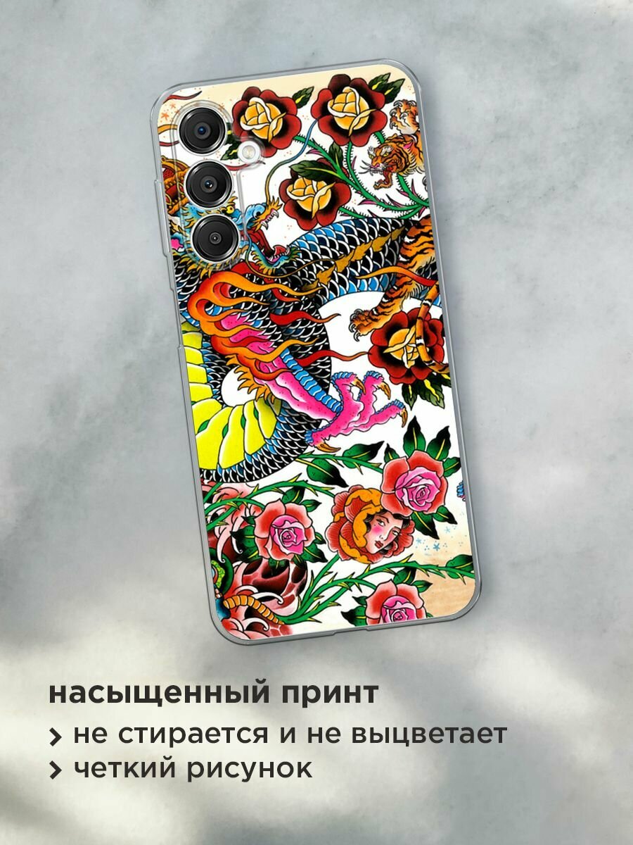 Чехол на Samsung Galaxy A16 / Самсунг А16 с принтом "Дракон в цветах" — фото 1