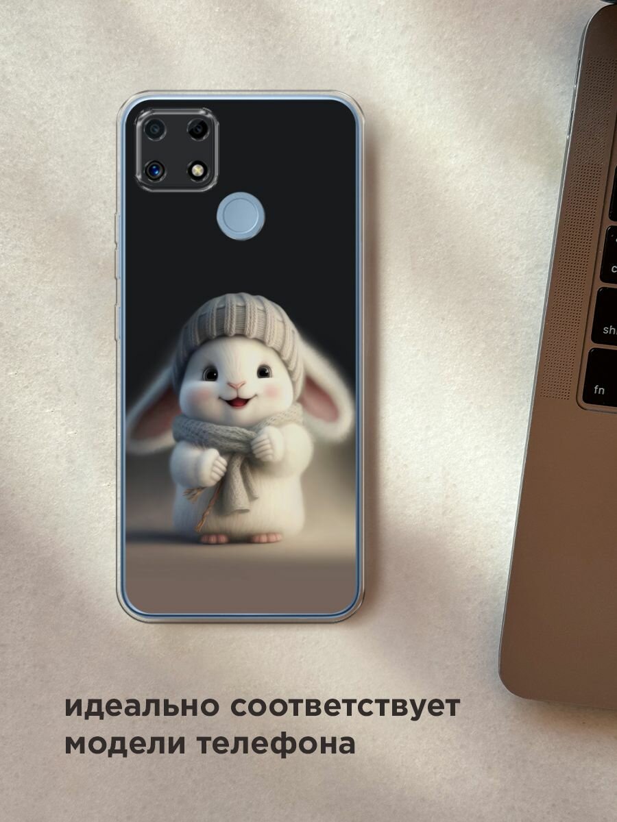 Чехол на Realme C25/C25s / Реалми С25/C25s с принтом "Белый крольчонок в шапке" — фото 1