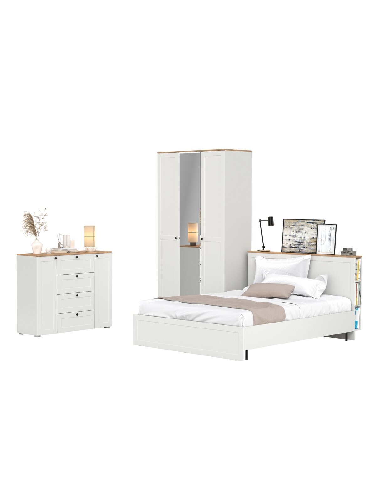 Тумба-комод 16.221 Остин со шкафом для одежды 13.336.03 и двуспальной кровати с ортопедом 1600, белый шагрень/дуб крафт