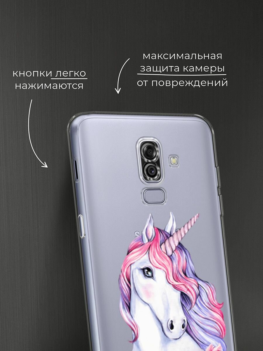 Чехол на Samsung Galaxy J8 / Самсунг Галакси Джей 8 с принтом "Единорог с пионами", прозрачный — фото 1