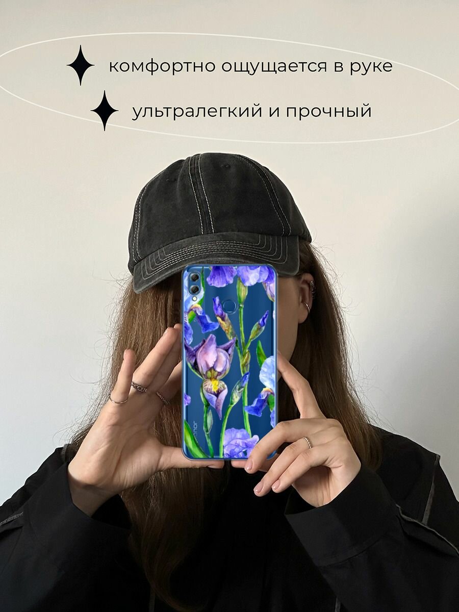 Чехол на Honor 8X / Хонор 8Х с принтом "Синие ирисы", прозрачный — фото 1