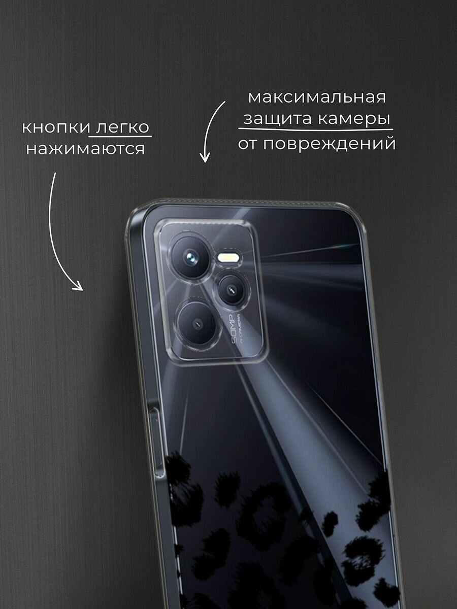 Чехол на Realme C35 / Реалми C35 с принтом "Окрас леопарда фон черный", прозрачный — фото 1