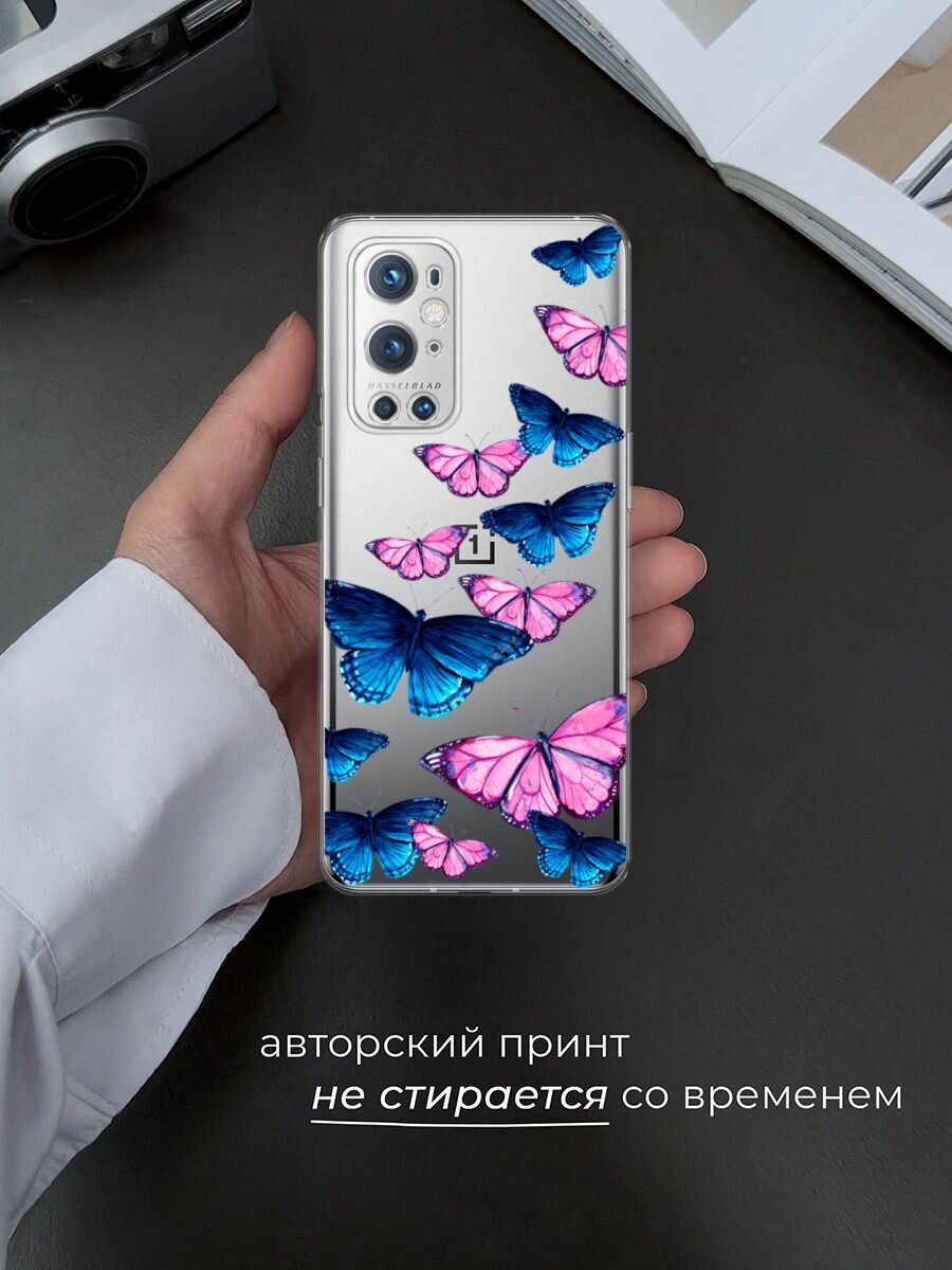 Чехол на OnePlus 9 Pro / ВанПлас 9 Про с принтом "Взлетающие бабочки", прозрачный — фото 1