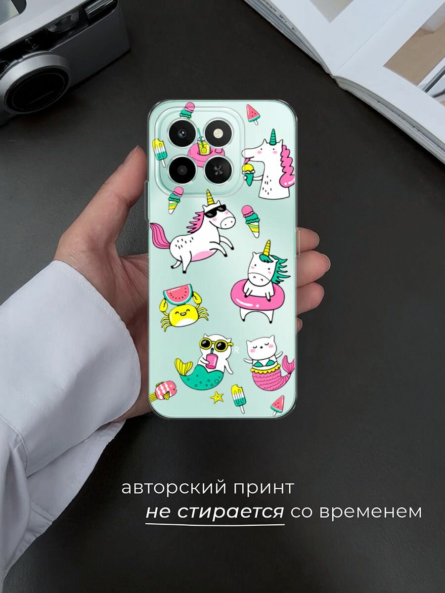Чехол на Honor X6c / Хонор X6c с принтом "Единороги в отпуске", прозрачный — фото 1