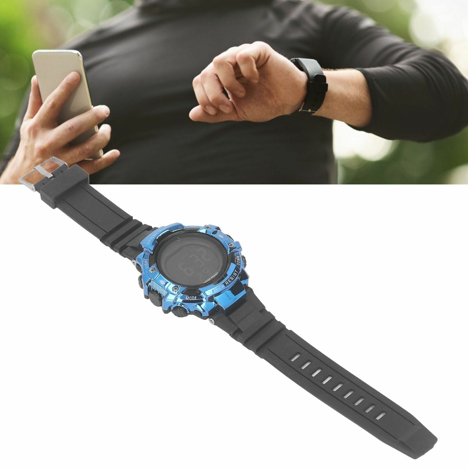 Спортивные часы, цифровые часы, большой светодиодный экран с подсветкой, 5 бар, водонепроницаемые, с будильником, хронографом, наручные часы для мужчин, уличные синие