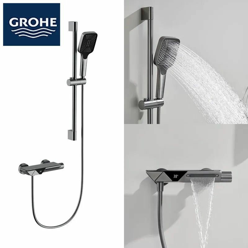 Встраиваемый смеситель для ванны с ручным душем, водопадный излив, латунь, настенный душевой комплект, темно-серый