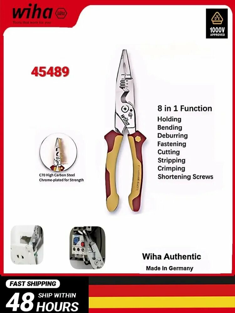 WIHA, 8 в 1 Многоцелевые изолированные плоскогубцы, инструменты электрика, 45489