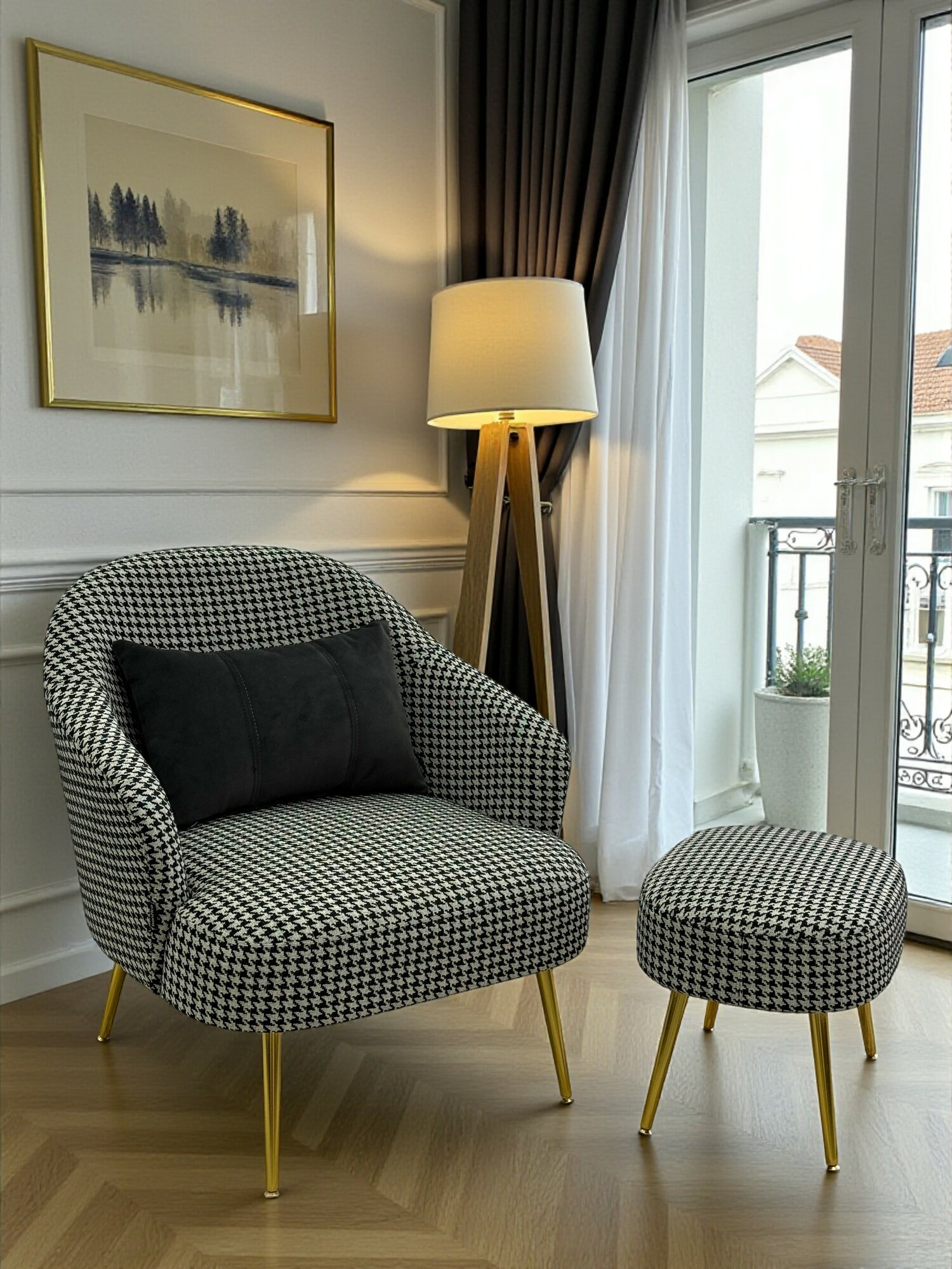 Кресло классическое Леон и пуф, для дома и отдыха, принт гусиная лапка, золотые опоры