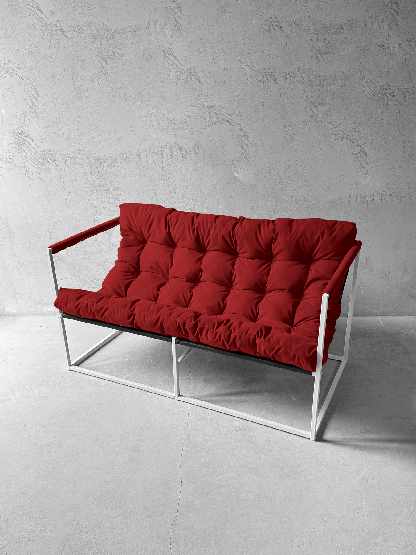 Диван лофт прямой, уличный, в офис, на балкон, на веранду, в гостинную, кухонный, Лофтовик ++ велюр красный, белый каркас, подлокотник мягкий велюр
