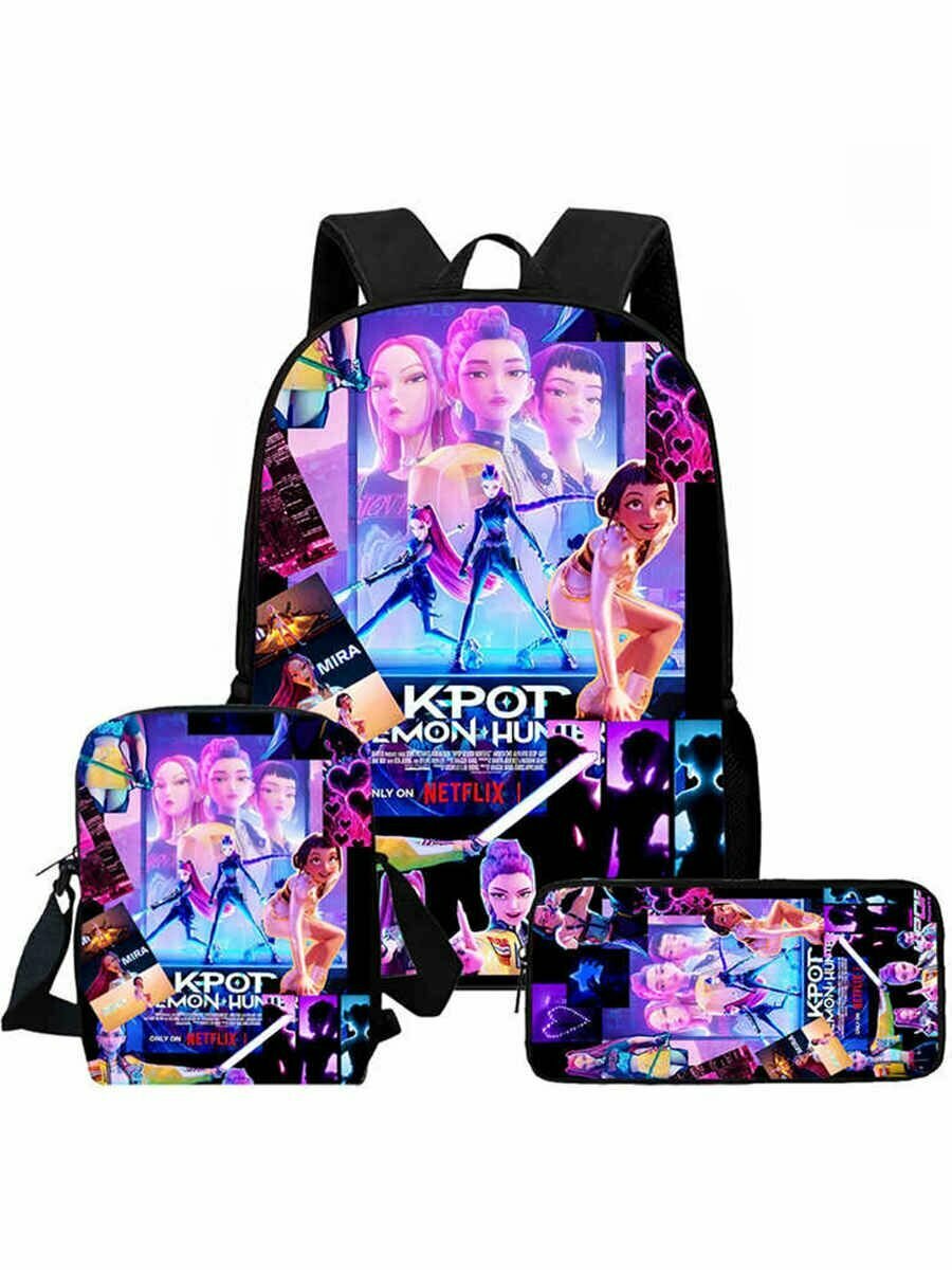 Детский набор из 3 предметов с принтом "K-POP Demon Hunter": рюкзак, сумка через плечо и пенал. Для школы, путешествий и кемпинга.