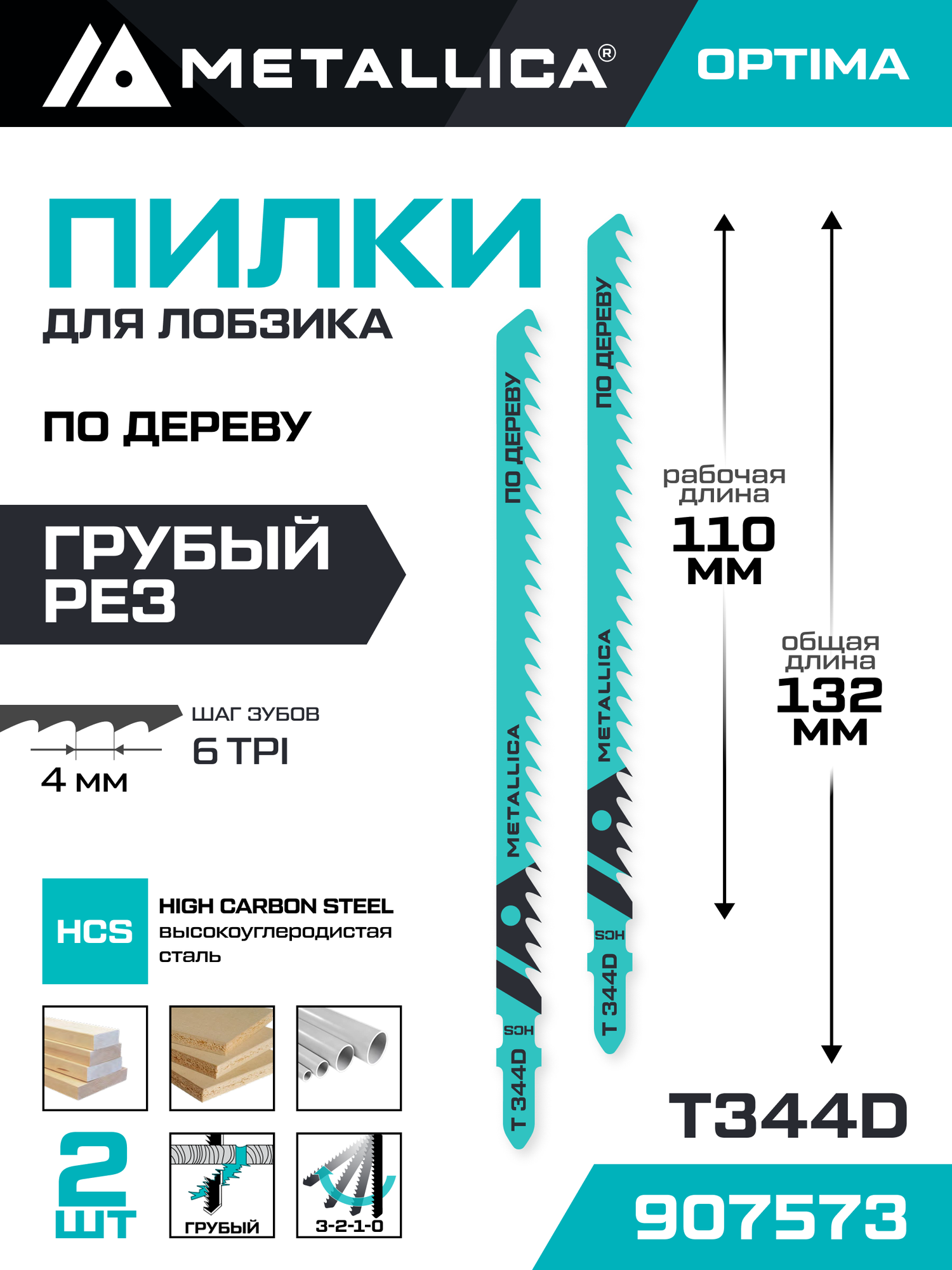 Пилки для лобзика по дереву 2шт METALLICA Optima T344D, 132/110мм шаг 4мм, HCS грубый рез