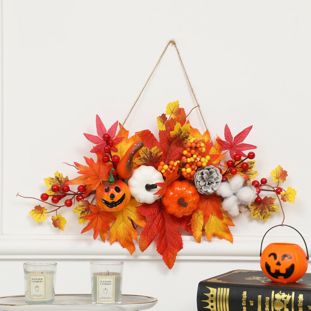 Halloween harvest decor with plastic maple leaves and pumpkins for festive wall hangings halloween maple leaf candle