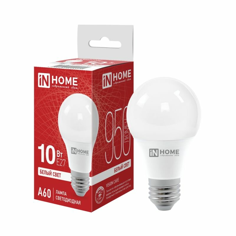 Лампа светодиодная IN HOME LED-A60-VC (4690612020211), E27 A60 10Вт, 4000К (10шт)