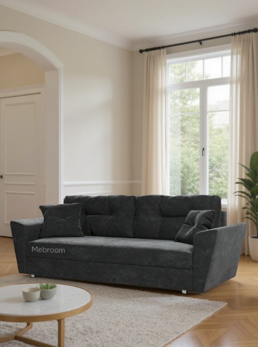 Диван-кровать прямой раскладной "Амстердам" с ящиком для белья, велюр черный