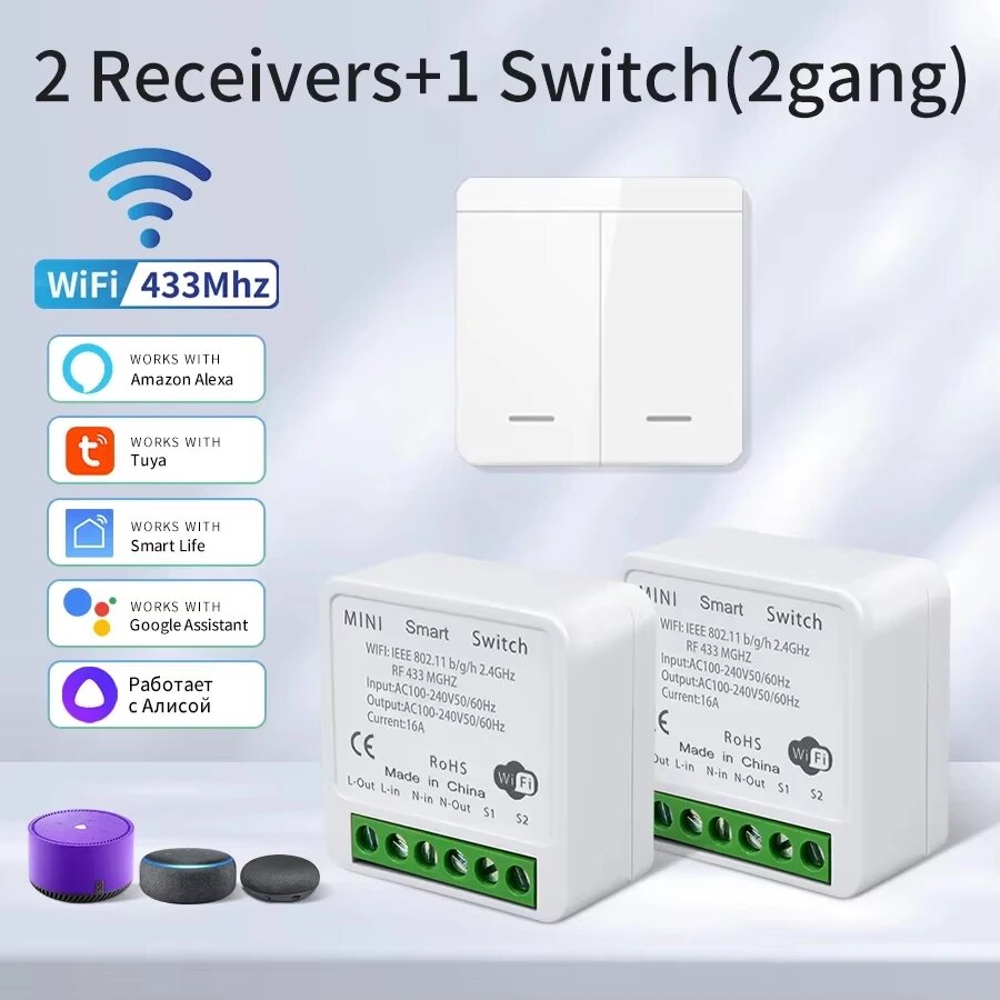 2 Receiver + 1 Switch (2gang) Wi-Fi, 433MHz, Tuya Smart