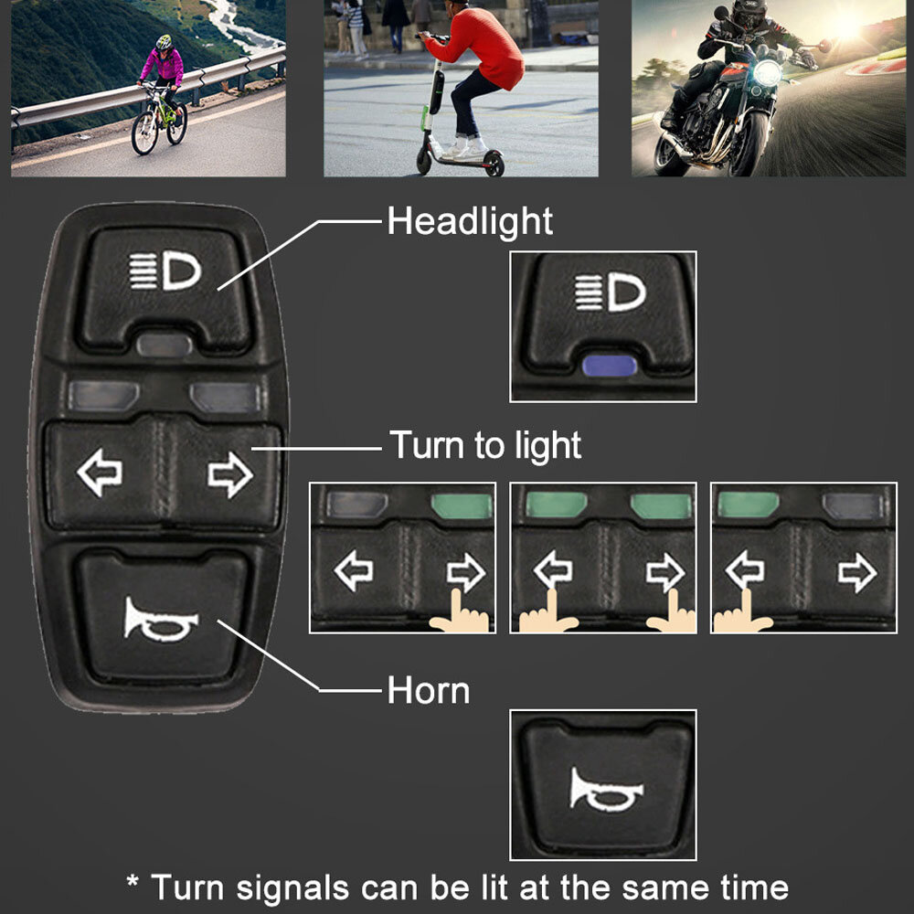 3 in 1 Electric Bike Scooter Switch Headlight Turn Signal Horn 36V/48V ON/OFF Control Waterproof for E-Bike Motorcycle