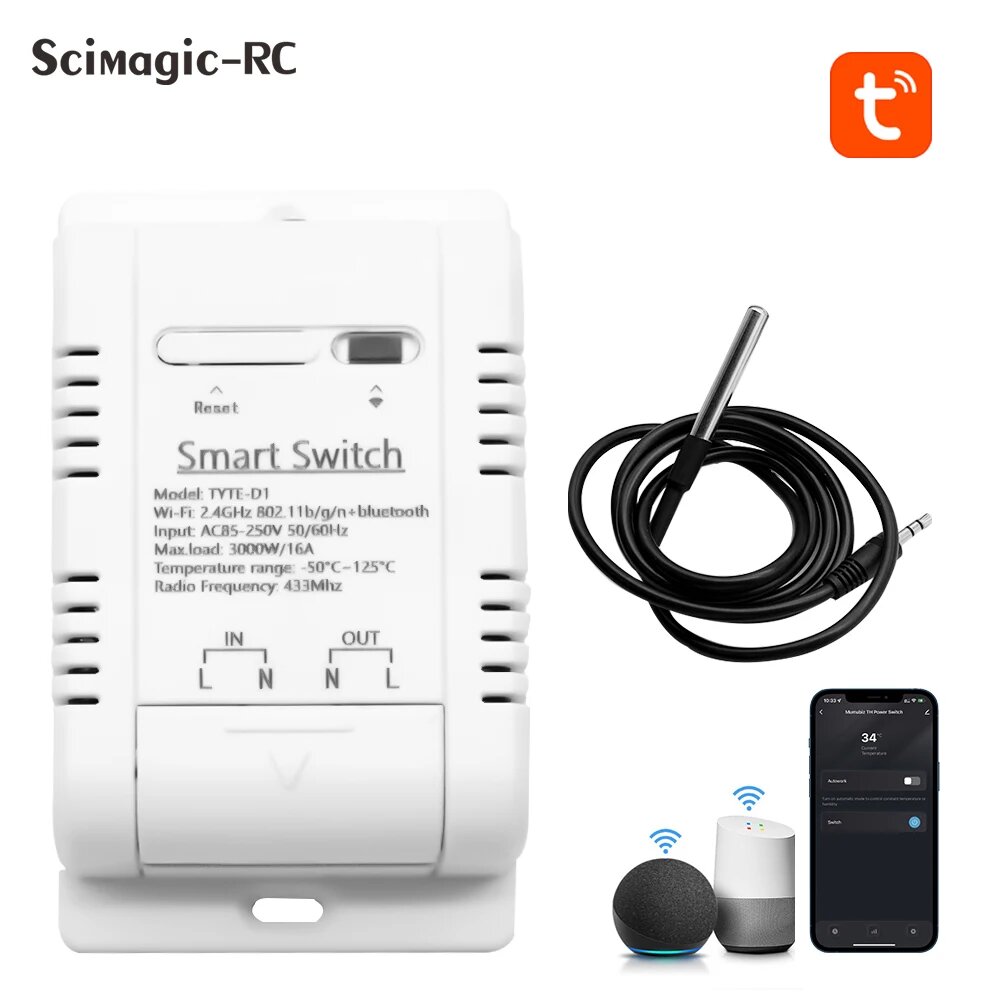 Смарт-датчик температуры Tuya Wi-Fi Rf, 433 МГц, с поддержкой Alexa и Google Home