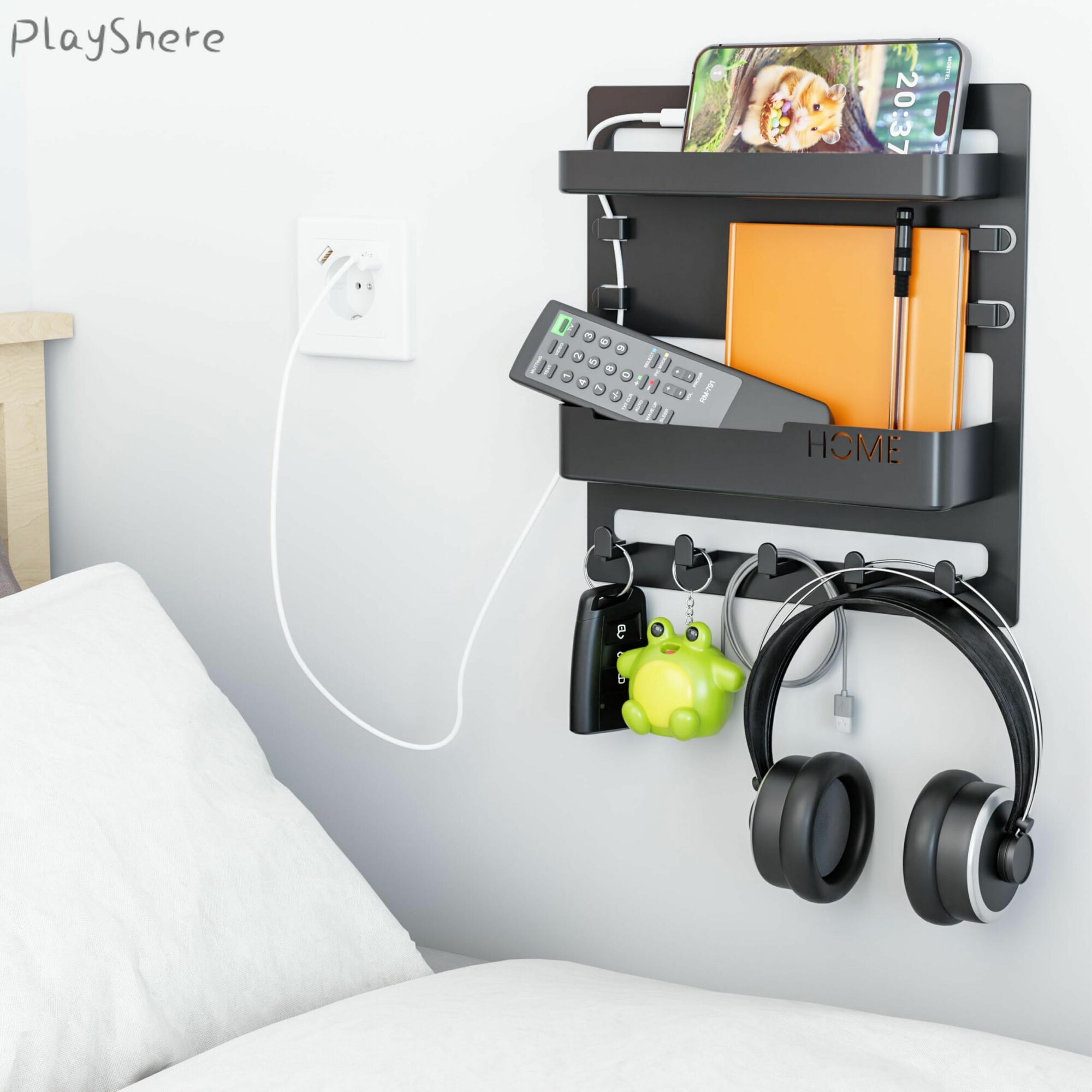 Полка на стену у изголовья кровати, белая, для хранения телефона, зарядного устройства, очков, пульта, для удобства в спальне или общежитии