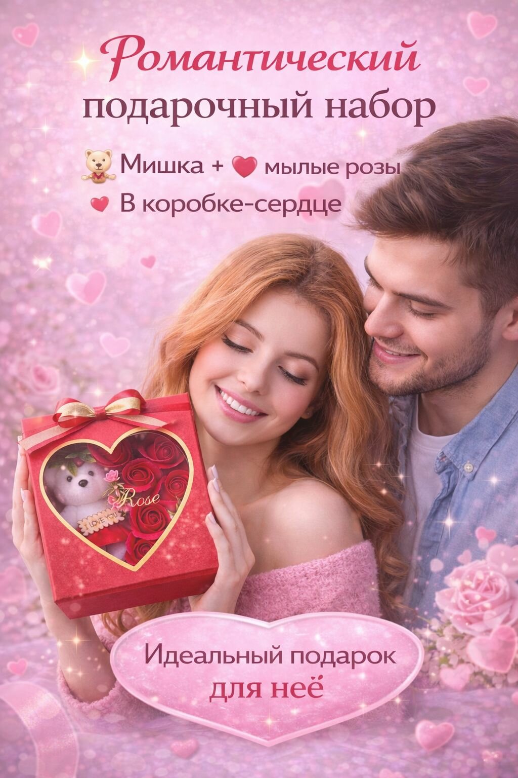 Мишка в розах в коробке сердце, мыльные розы, подарок на 14 февраля и 8 марта