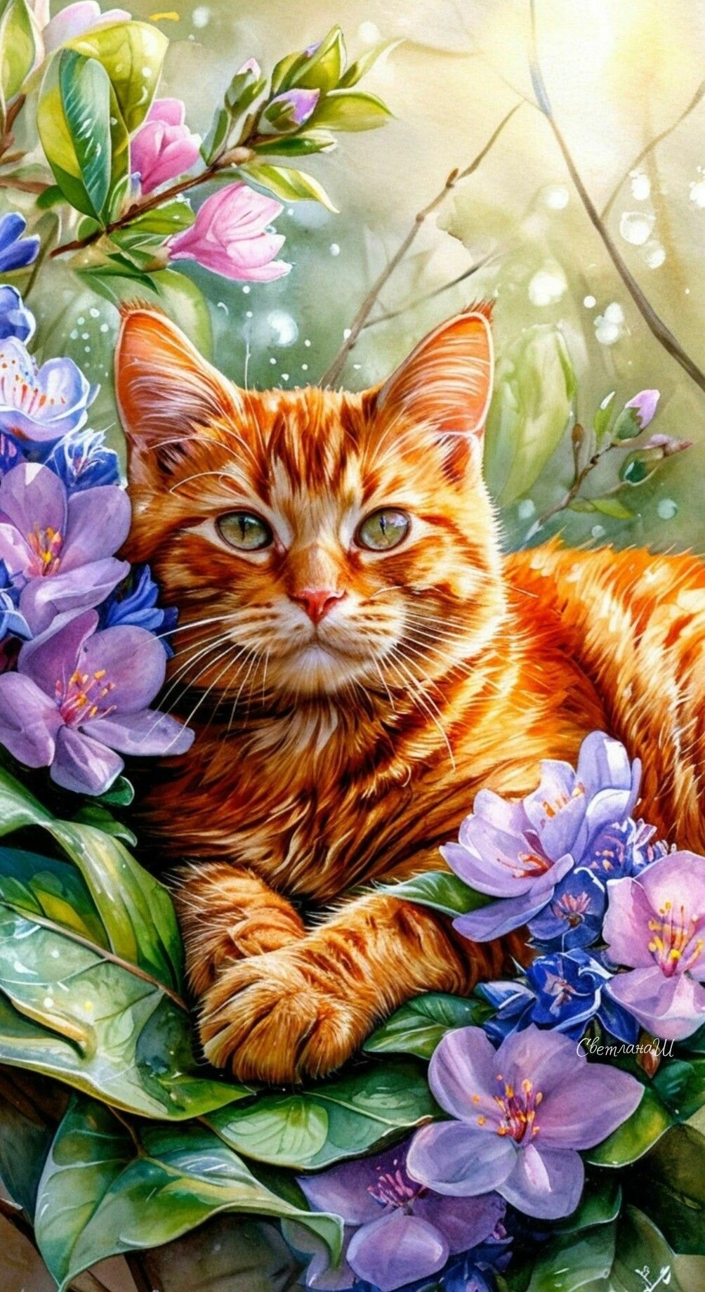 Алмазная живопись "Рыжий кот в цветочных кустах", 5D, круглая, 40x50 см. Производитель: Brose Art.