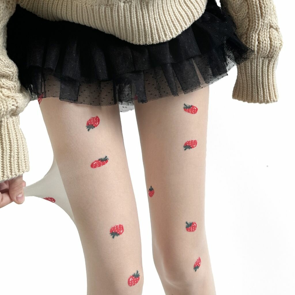 Клубничные жаккардовые чулки, Тонкие Колготки-Молочно-Белый