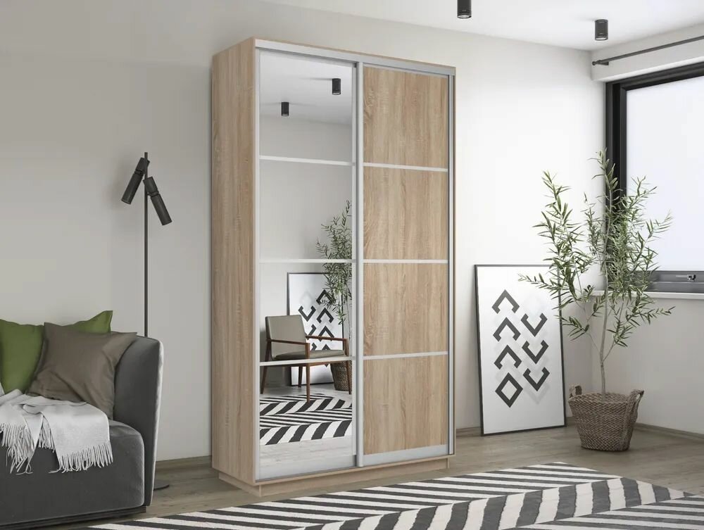 Шкаф-купе Флорида 2дв. (ЛДСП/Зеркало) профиль серебро, 120х60х220 см. Сонома