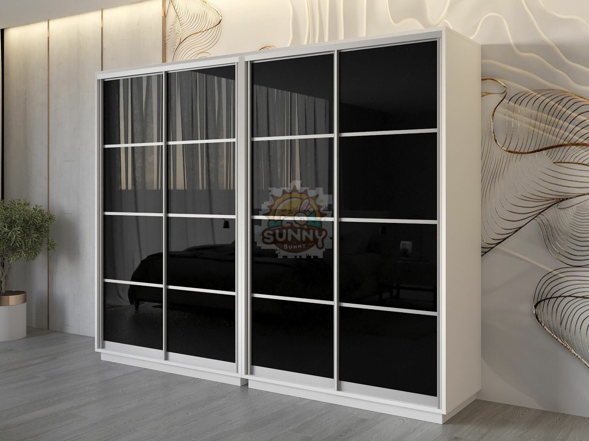 Шкаф-купе Флорида 4дв. (2+2) Стекло черное, профиль серебро, 280х60х220 см. Белый снег