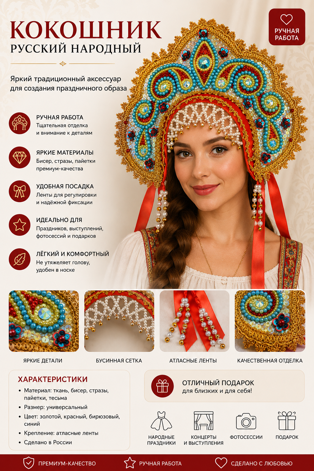 Кокошник зеленый с бусинами