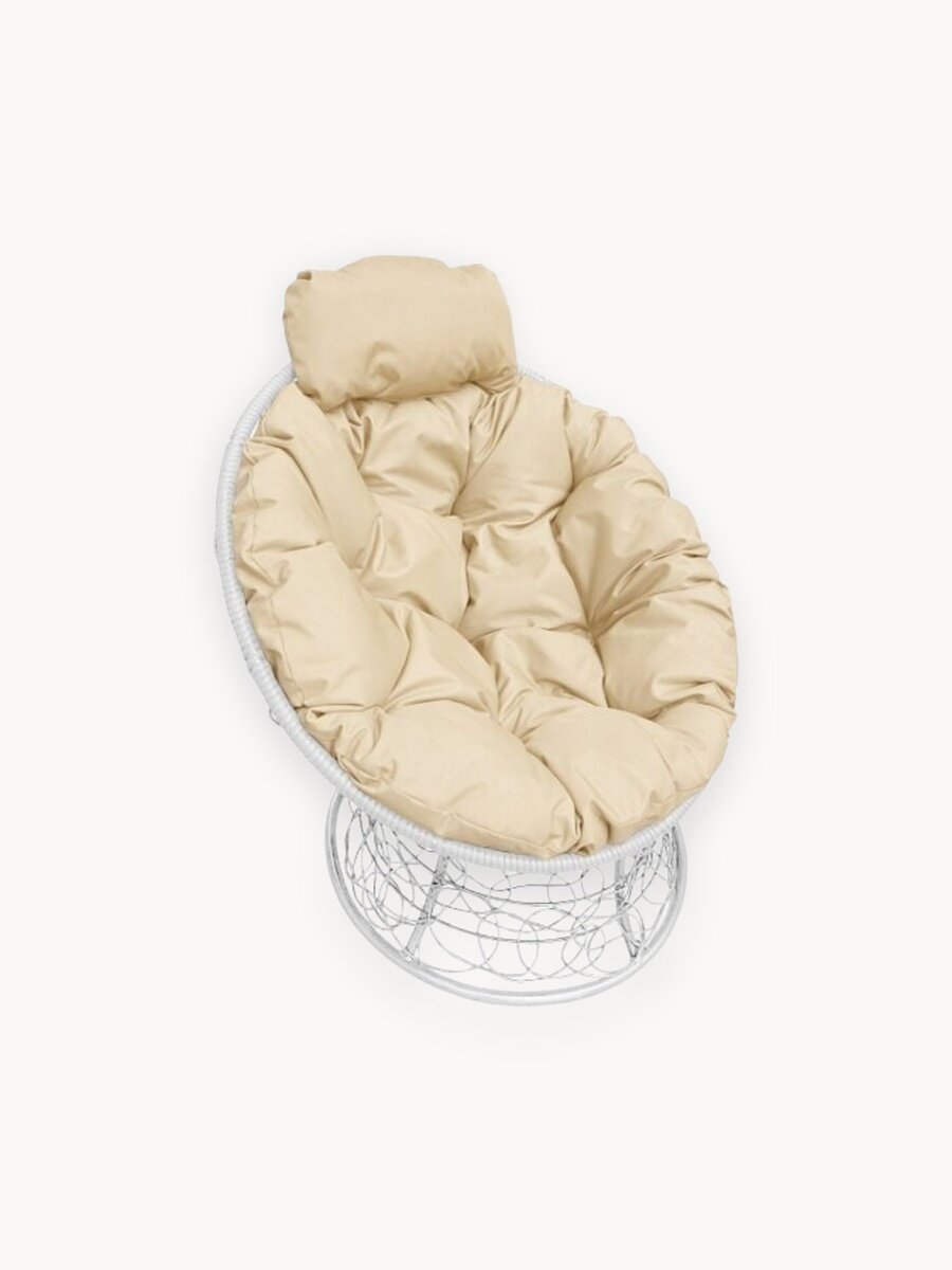 Кресло M-group Папасан мини ротанг белое + бежевая подушка