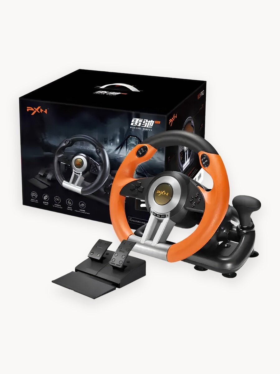 Игровой руль с педалями для симуляторов и гонок V3 Pro, для PC/PS4/X-BOX коробка передач руль на 180°, рыжий