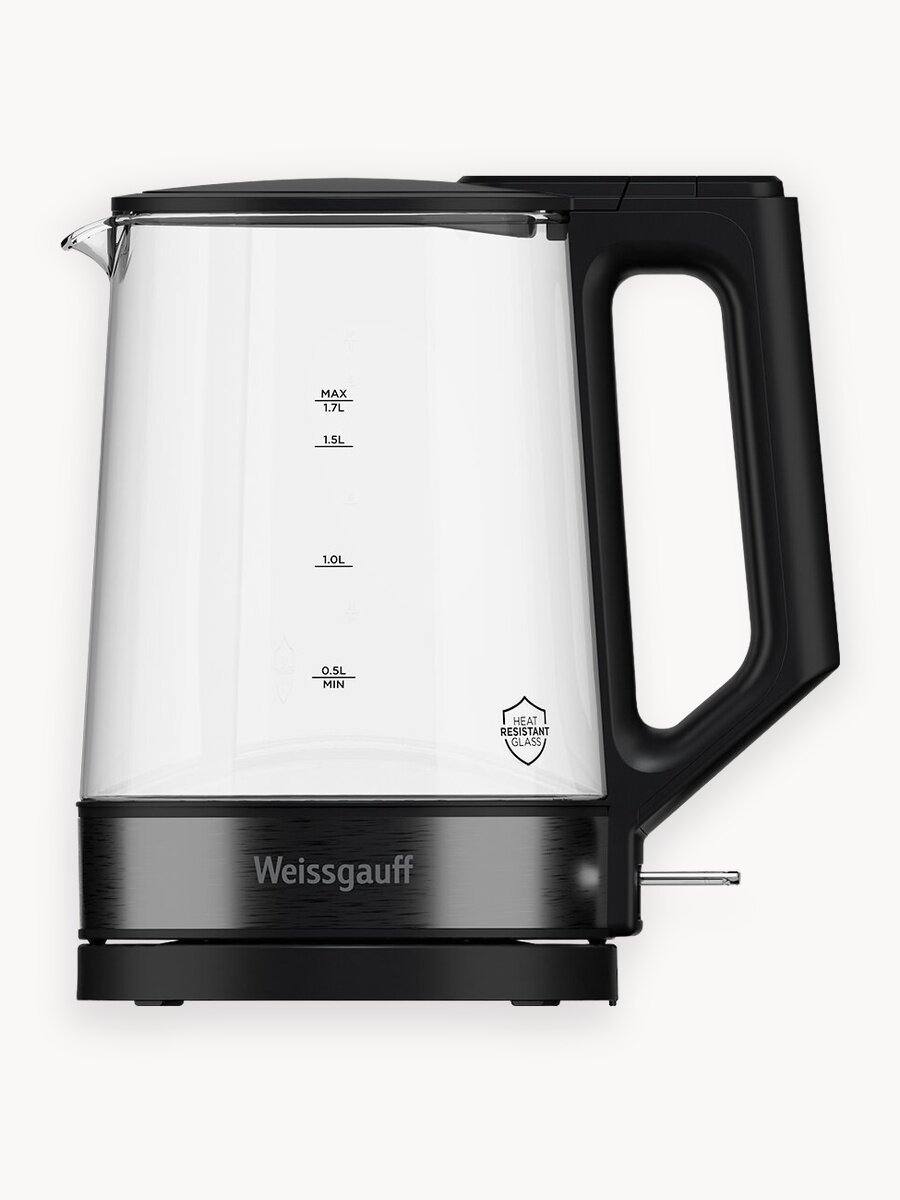 Чайник электрический Weissgauff WK 1700 EcoGlass Nero, вращение чайника на подставке на 360°