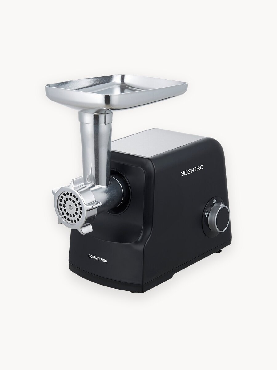 Yoshiro Мясорубка электрическая YMG-P2200, 2200 Вт, реверс, 2 насадки, насадки для колбас, кеббе, 3 диска, черная
