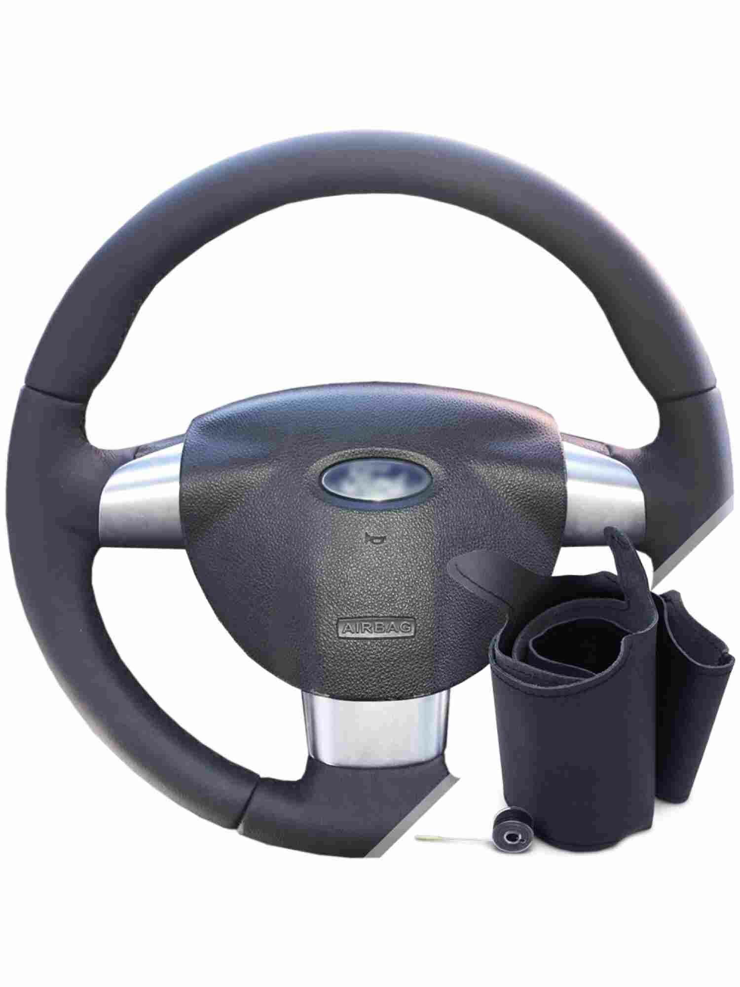 Оплетка на руль из натуральной кожи Ford Focus II 2005-2011 г. в, трехспицевый (для замены штатной кожи, черная) belais #0228