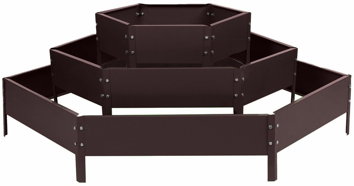 Клумба садовая оцинкованная, трехярусная шестиугольная для дачи, сада и огорода, декоративное ограждение сборное для цветов, диаметр 60 100 140 см, высота 45 см, цвет коричневый