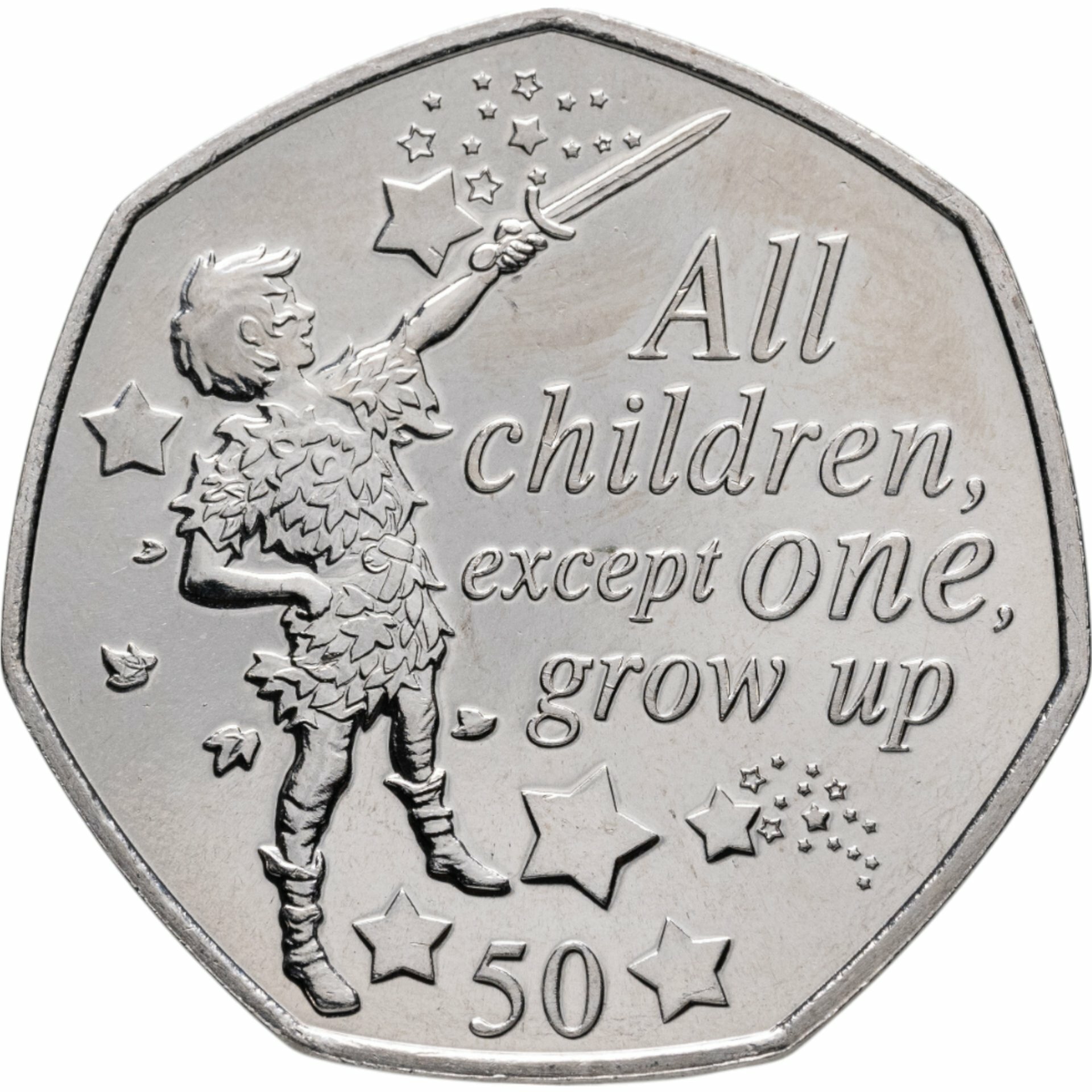 Остров Мэн 50 пенсов 2019 "Питер Пэн - Питер Пэн", Мельхиор медь-никель, в сохранности BUNC